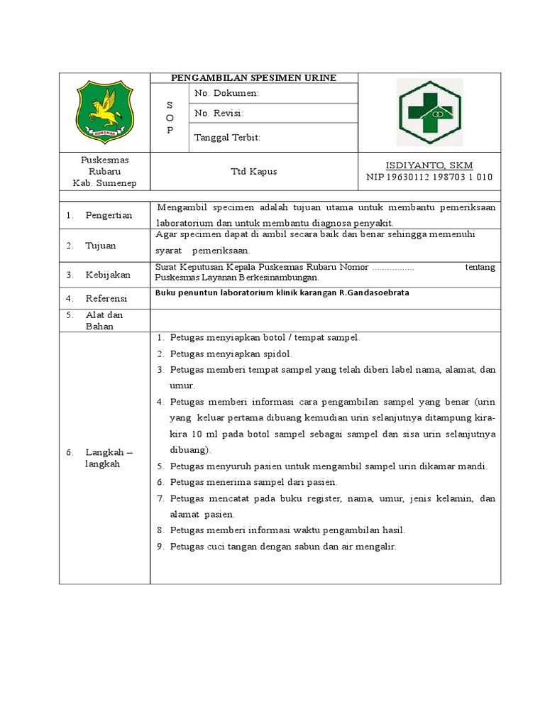 Sop Pengambilan Spesimen Urine | PDF