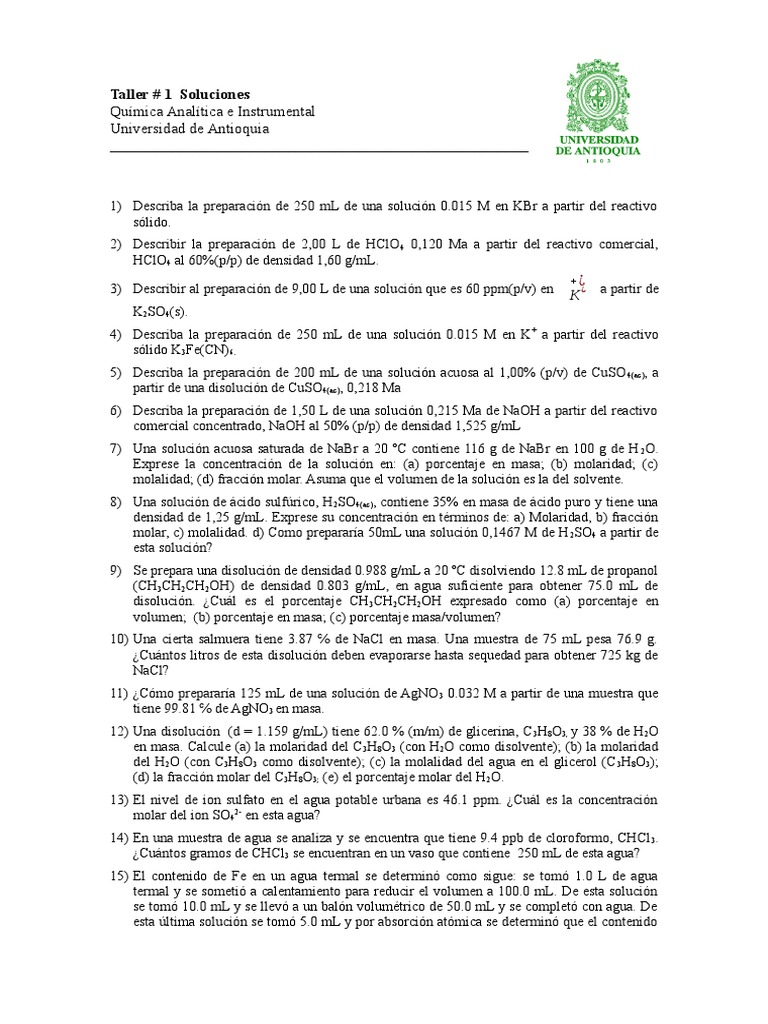 Taller 1 Soluciones | Descargar gratis PDF | Concentración | Ácido clorhídrico