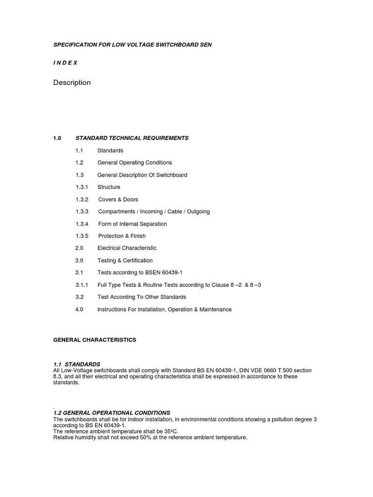 Description: Specification For Low Voltage Switchboard Sen | PDF
