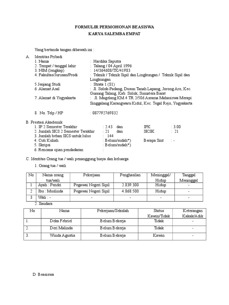 Formulir Permohonan Beasiswa | PDF