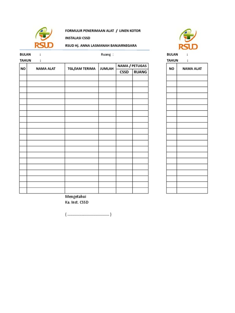 Formulir Penerimaan Barang Kotor CSSD Rumah Sakit | PDF