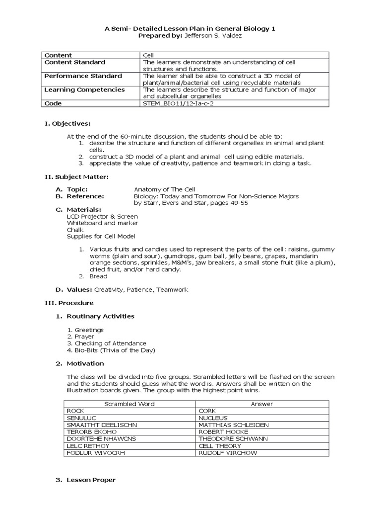 Demo Lesson Plan - General Biology 1 | PDF | Cell (Biology) | Rubric ...
