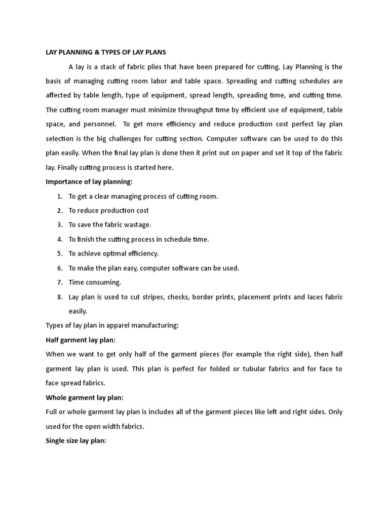 Types of Lay Plans | PDF | Clothing | Textiles