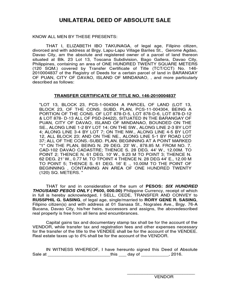 Unilateral Deed of Sale - SAMPLE | PDF | Common Law | Real Estate Law