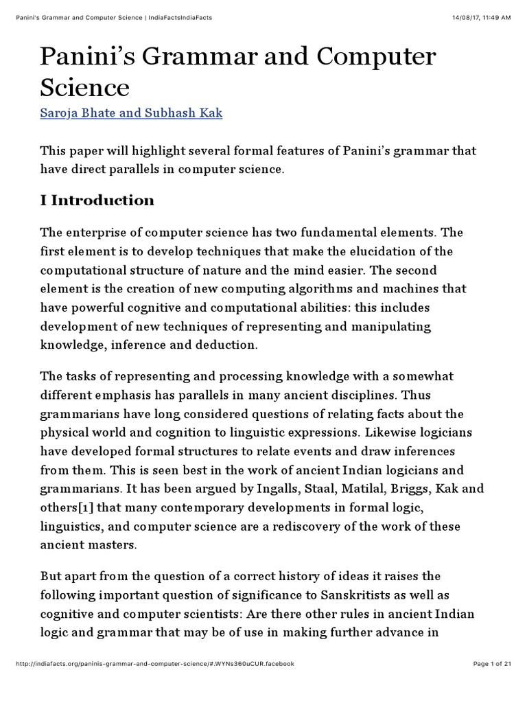 Panini's Grammar and Computer Science | IndiaFactsIndiaFacts ...