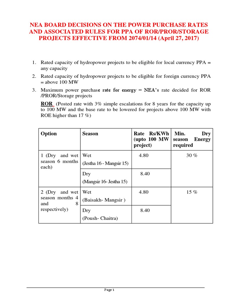 Nepal Electricity Authority ROR PROR and Storage Tarrif | PDF ...
