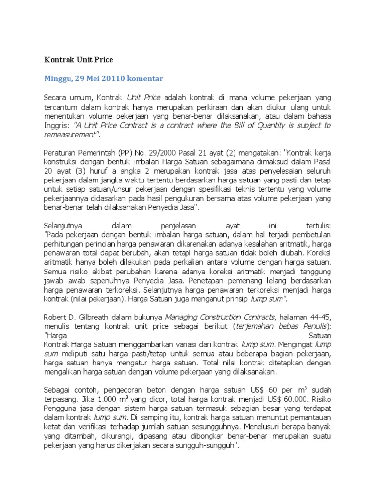 Unit Price (Negeri) Unit Rates Atau Remeasurement Contracts (Swasta ...