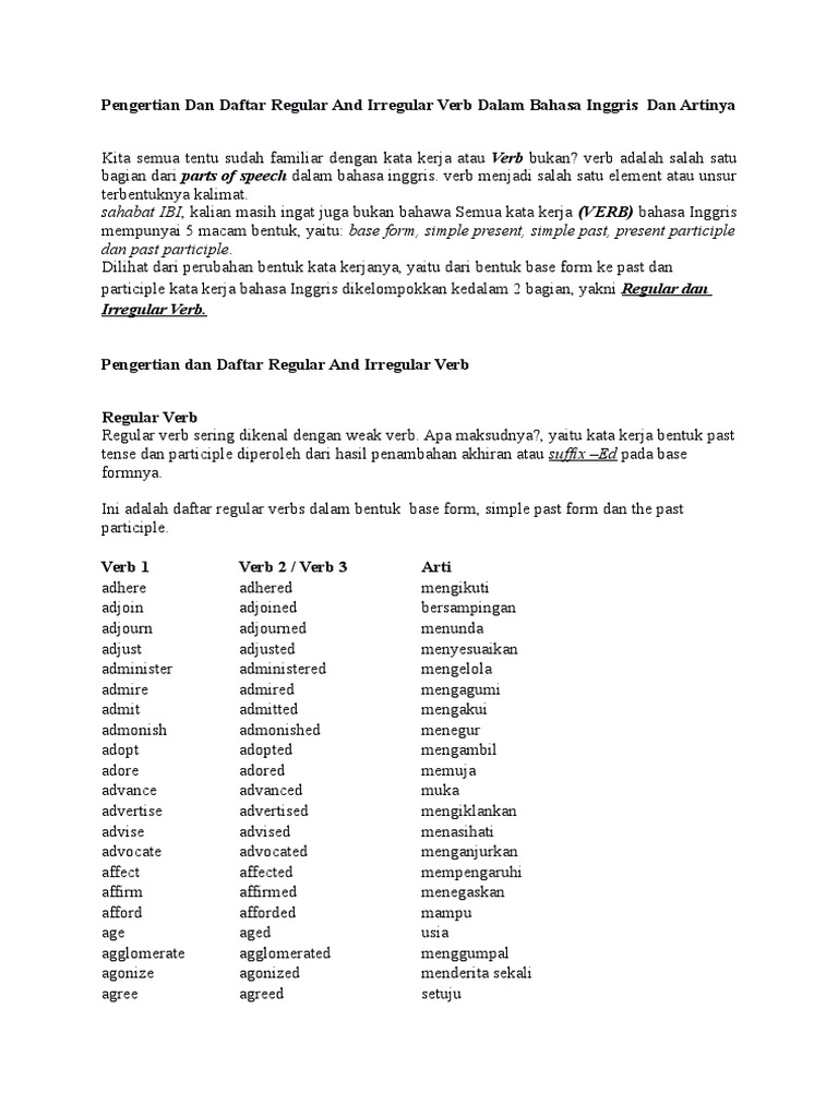 Pengertian Dan Daftar Regular and Irregular Verb Dalam Bahasa Inggris | PDF