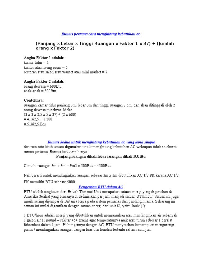 Rumus Pertama Cara Menghitung Kebutuhan Ac | PDF