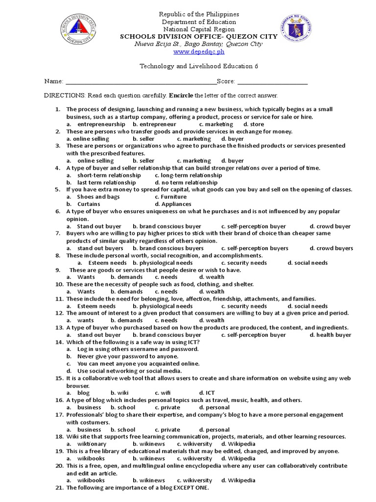 TLE-Test-6 First Quarter 2017 | PDF | Microsoft Excel | Spreadsheet
