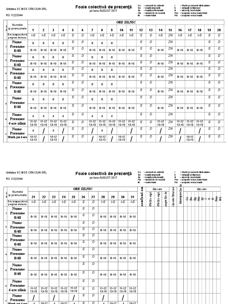 Model Pontaj Cu Program de Lucru | PDF