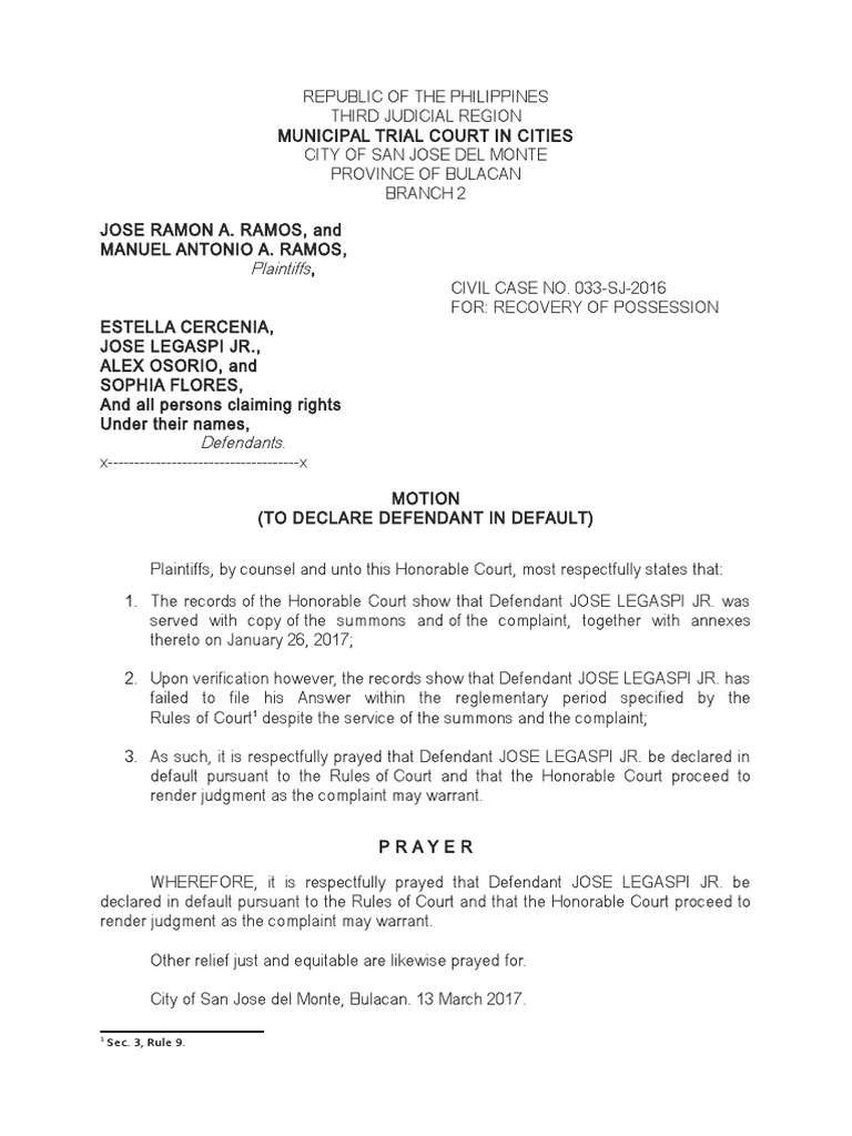 Motion To Declare Defendant in Default - Ramos | PDF | Complaint ...