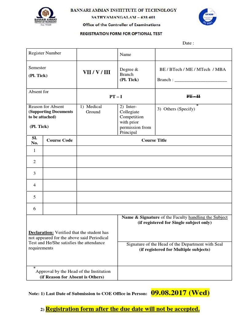 S7, S5, S3 - Optional Test Registration Form - PT I | PDF