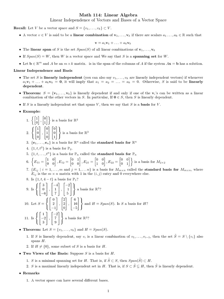 Linear Independence and Vector Bases | PDF | Basis (Linear Algebra ...