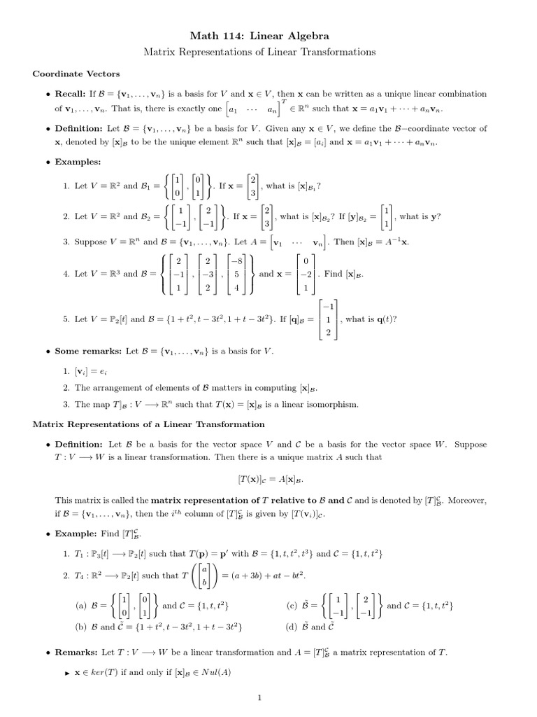 Math 114: Linear Algebra Matrix Representations of Linear ...