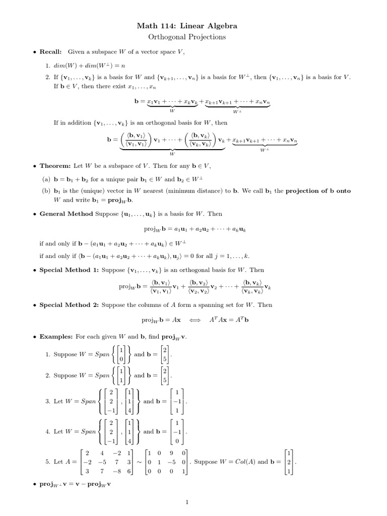 Math 114: Linear Algebra Orthogonal Projections | PDF | Basis (Linear ...