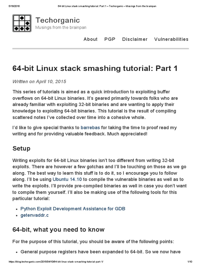 64-Bit Linux Stack Smashing Tutorial - Part 1 - Techorganic - Musings From The Brainpan | PDF ...