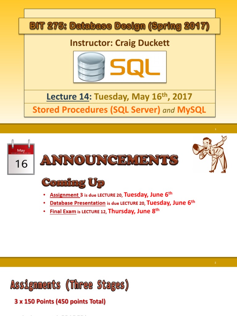 Instructor: Craig Duckett: Stored Procedures (SQL Server) Mysql | PDF | Parameter (Computer ...
