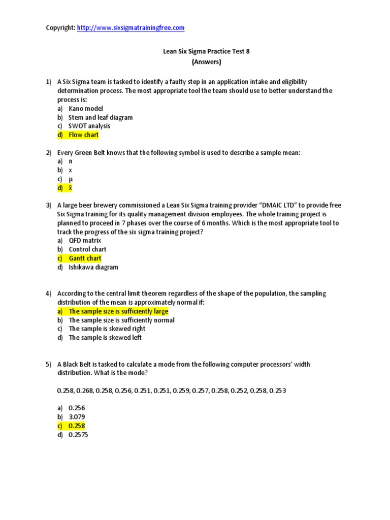 Lean Six Sigma Practice Test 8 (Answers) | PDF