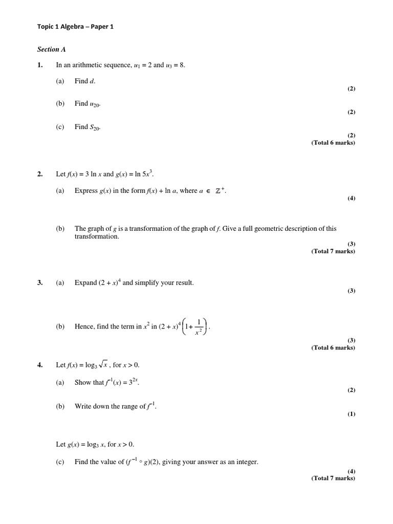 Topic 1_ Algebra Paper 1 | Series (Mathematics) | Algebra