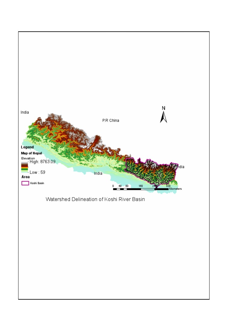 Watershed Delineation of Koshi River Basin: High: 8763.09 Low: 59 | PDF