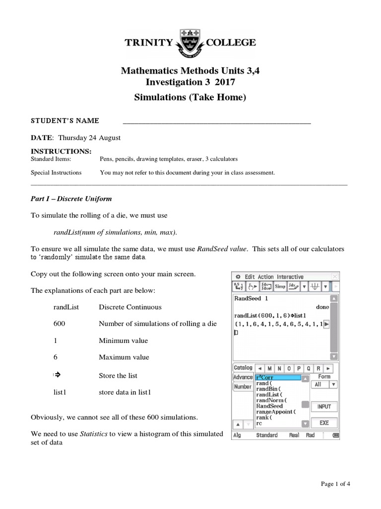 Simulations (Take Home) Math Methods Units 3,4 | PDF | Histogram ...