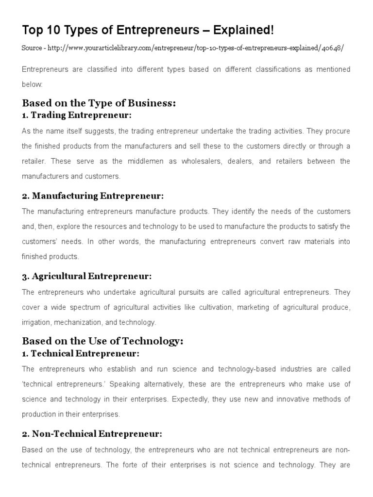 Top 10 Types of Entrepreneurs Explained | PDF | Entrepreneurship ...