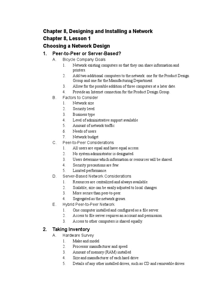 Chapter 8, Designing and Installing A Network Chapter 8, Lesson 1 Choosing A Network Design ...