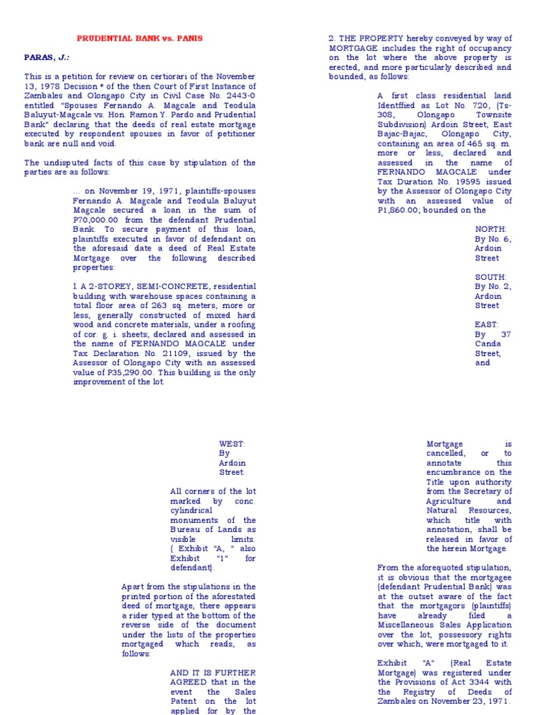 Prudential Bank vs. Panis X | PDF | Mortgage Law | Foreclosure