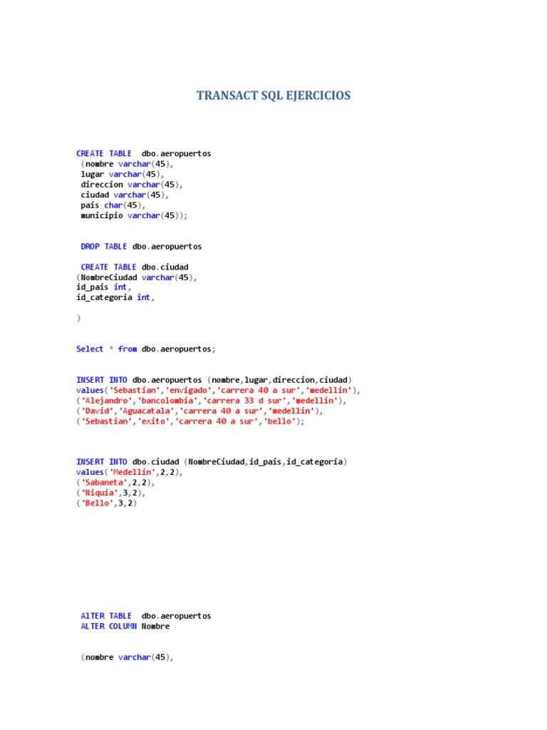 Transact SQL Ejercicios | PDF