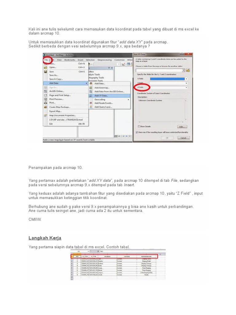 Cara Memasukan Data Koordinat Pada Tabel Yang Dibuat Di Ms Excel Ke Dalam Arcmap 10 | PDF