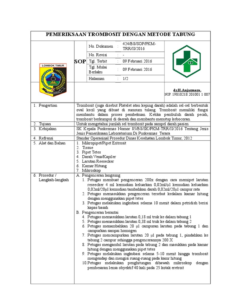 SOP Pemeriksaan Trombosit Metode Tabung | PDF
