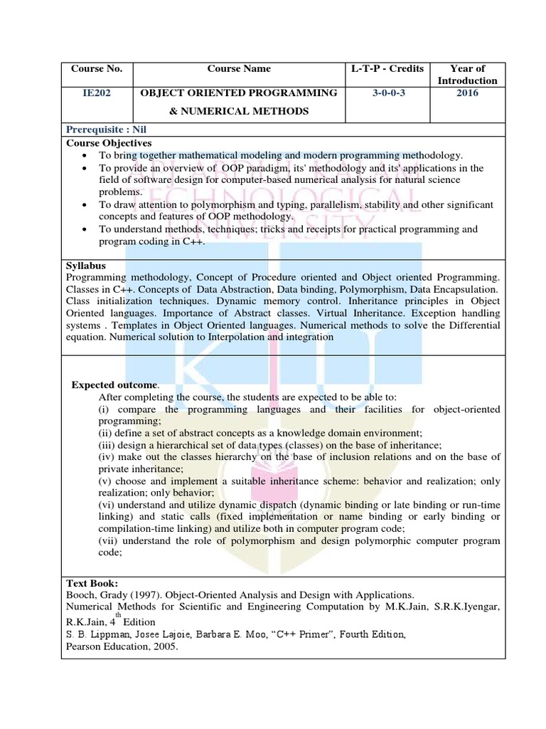 Ie202 Object Oriented Programming And Numerical Methods Pdf C Object Oriented Programming