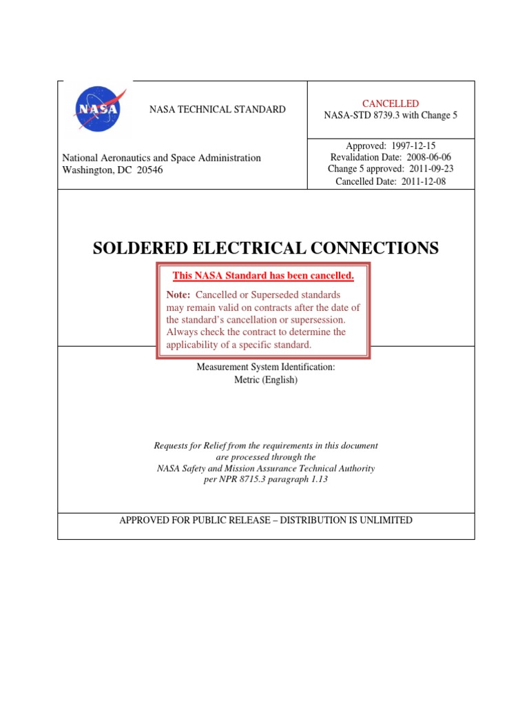 NASA Soldering Standard Cancelled | PDF | Solder | Soldering