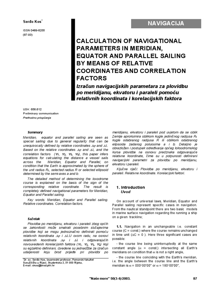 Calculation of Navigational Parameters IN Meridian, Equator AND ...