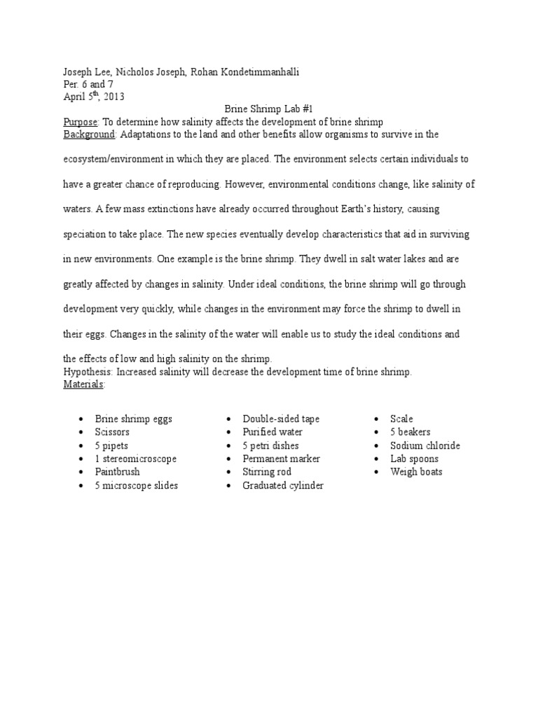 Brine Shrimp Lab | PDF | Salinity | Sodium Chloride