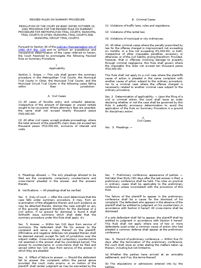 Revised Rules On Summary Procedure | PDF | Lawsuit | Pleading