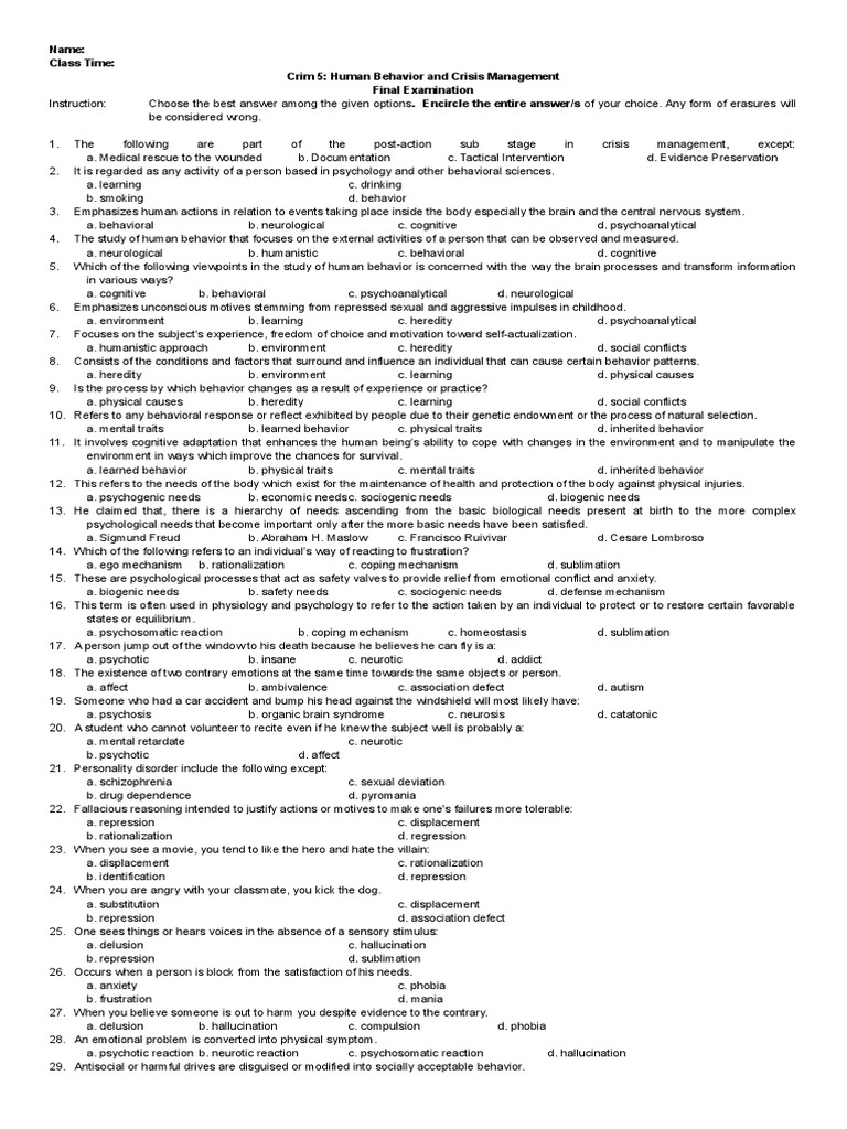 Exam in Human Behavior & Crisis Mngt. | PDF | Hallucination | Neurosis