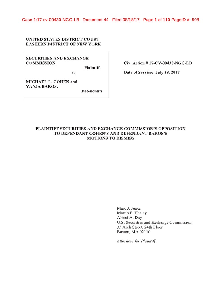 SEC Opposition Brief To Cohen - Baros Motion To Dismiss | PDF