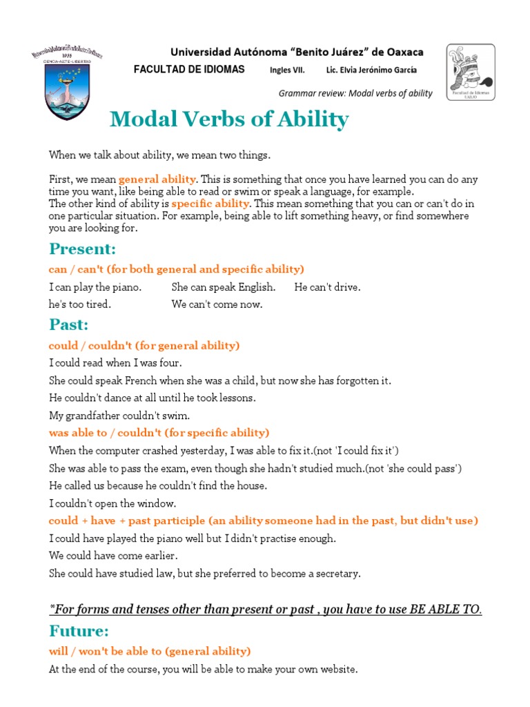Modal Verbs of Ability: Present | PDF | Verb | Onomastics