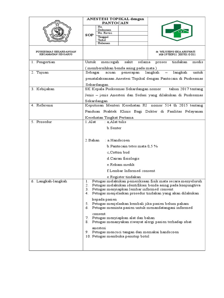 Sop Anestesi Topikal Pantocain | PDF