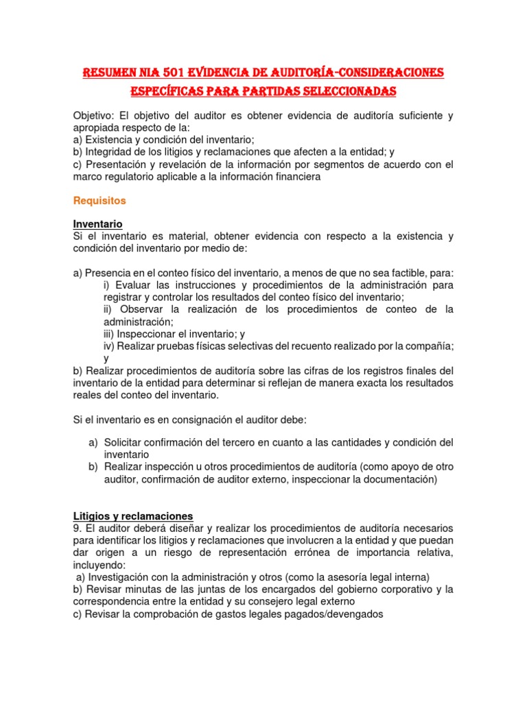 Resumen NIA 501 EVIDENCIA DE AUDITORIA | PDF | Contralor | Business