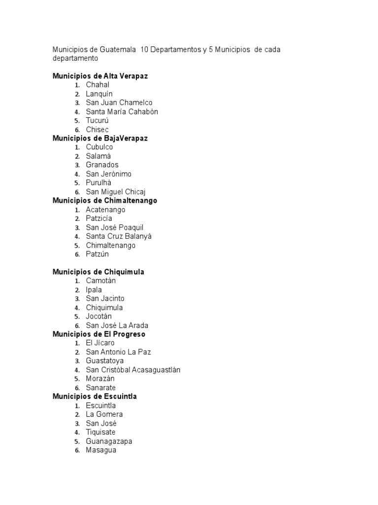 Municipios de Guatemala 10 Departamentos y 5 Municipios de Cada ...