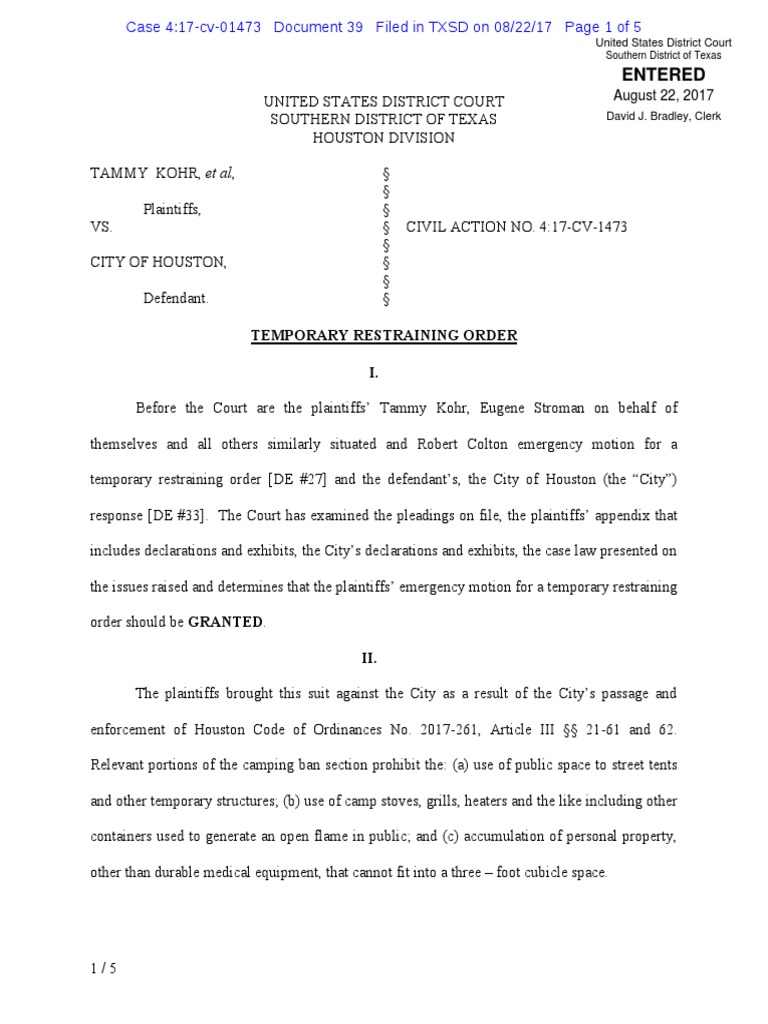 Houston Camping Ban TRO Ruling | PDF | Injunction | Lawsuit
