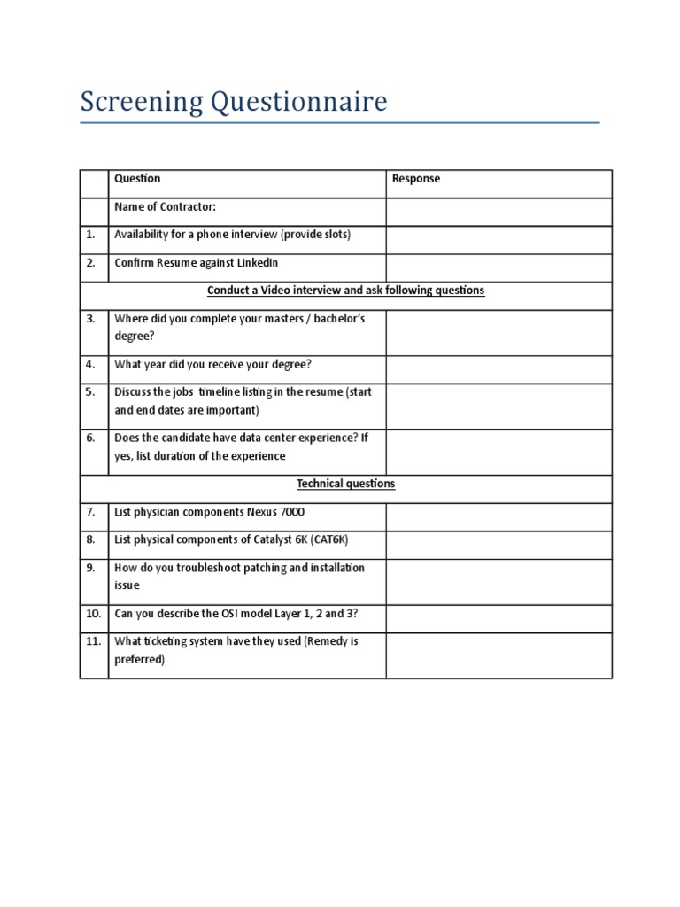 Screening Questionnaire | PDF