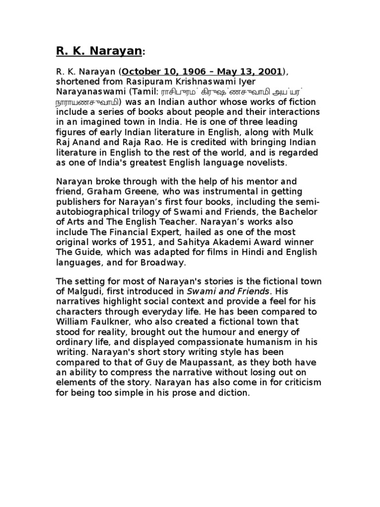 RK Narayan-English Literature Project. | PDF