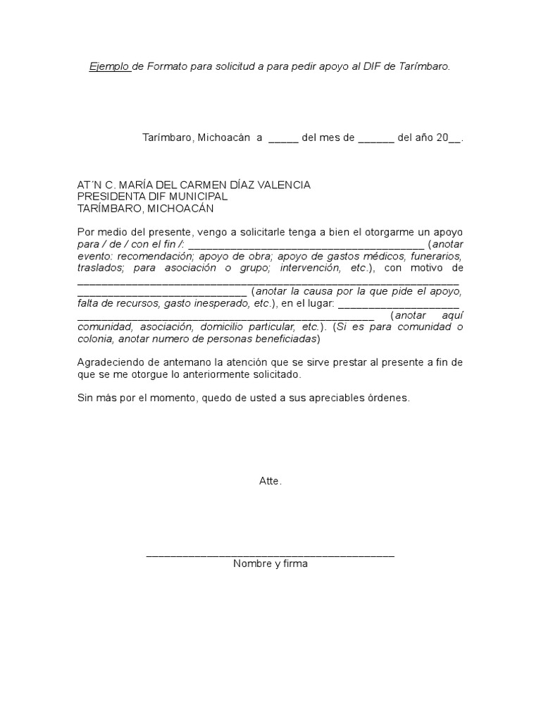 Solicitud de Apoyo al DIF Tarímbaro | PDF