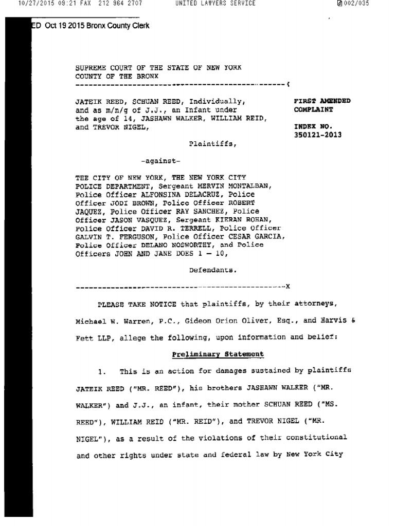 Jateik Reed v. New York City, The NYPD, Officer David Terrell | PDF