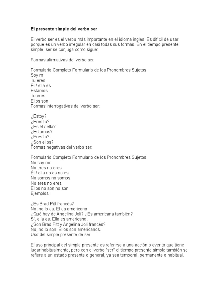 El Presente Simple Del Verbo Ser | PDF | Adjetivo | Plural
