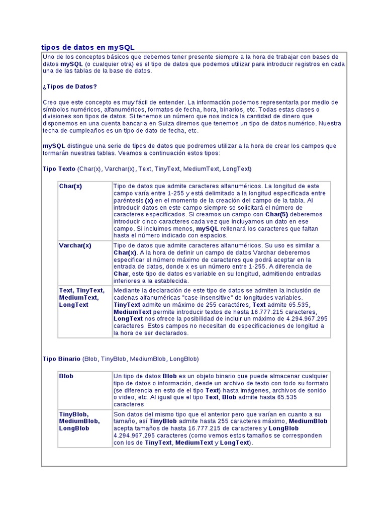 Tipos de Datos en Mysql PDF | PDF | Tipo de datos | Áreas de informática